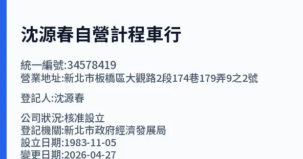沈源春自營計程車行的照片-統編 34578419(新北市) 公司登記資料與營業項目詳細圖表