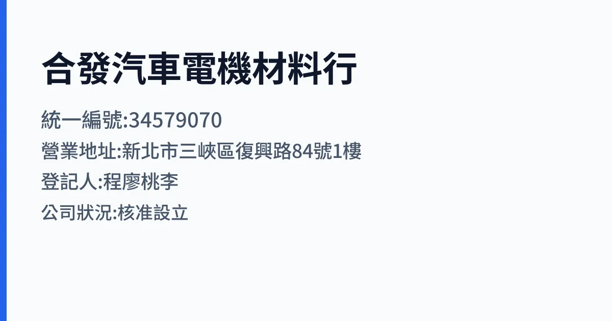 合發汽車電機材料行 - 統編 34579070(新北市) 公司登記資料與營業項目詳細圖表