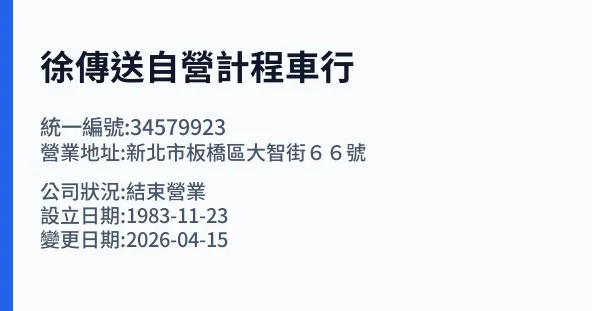 徐傳送自營計程車行的照片-統編 34579923(新北市) 公司登記資料與營業項目詳細圖表