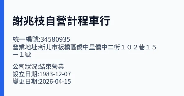 謝兆枝自營計程車行的照片-統編 34580935(新北市) 公司登記資料與營業項目詳細圖表