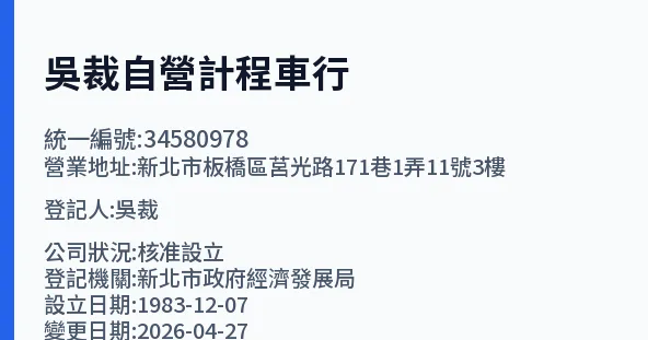 吳裁自營計程車行的照片-統編 34580978(新北市) 公司登記資料與營業項目詳細圖表