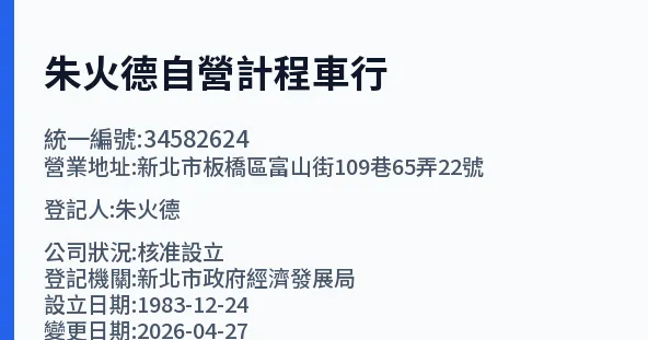 朱火德自營計程車行的照片-統編 34582624(新北市) 公司登記資料與營業項目詳細圖表