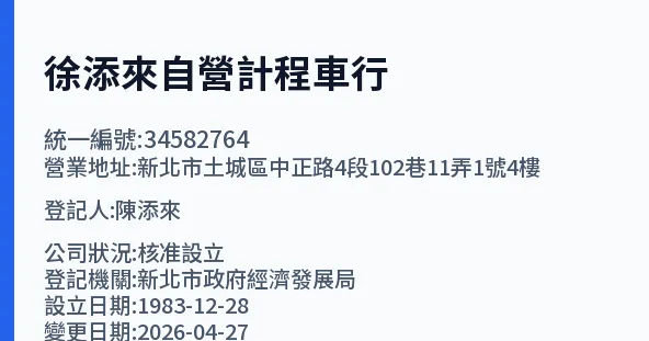 徐添來自營計程車行的照片-統編 34582764(新北市) 公司登記資料與營業項目詳細圖表