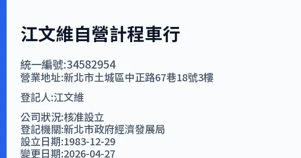江文維自營計程車行的照片-統編 34582954(新北市) 公司登記資料與營業項目詳細圖表