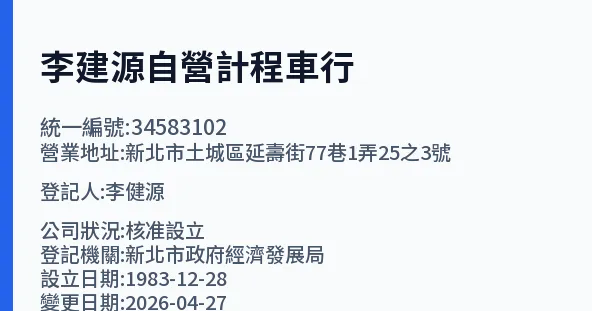 李建源自營計程車行的照片-統編 34583102(新北市) 公司登記資料與營業項目詳細圖表