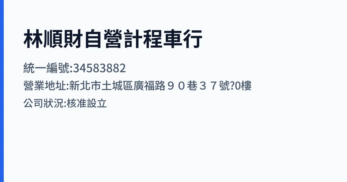 林順財自營計程車行 - 統編 34583882(新北市) 公司登記資料與營業項目詳細圖表