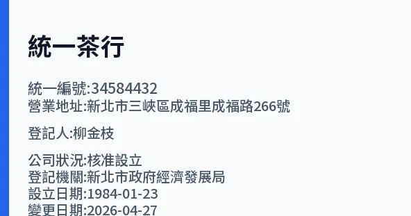 統一茶行的照片-統編 34584432(新北市) 公司登記資料與營業項目詳細圖表