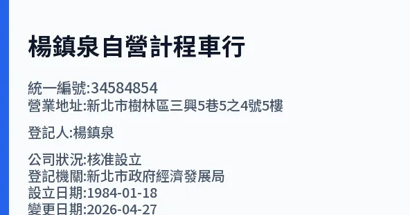 楊鎮泉自營計程車行的照片-統編 34584854(新北市) 公司登記資料與營業項目詳細圖表
