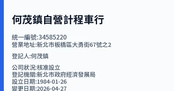 何茂鎮自營計程車行的照片-統編 34585220(新北市) 公司登記資料與營業項目詳細圖表