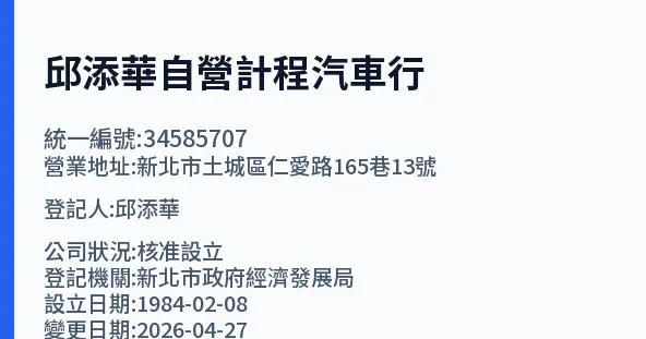 邱添華自營計程汽車行的照片-統編 34585707(新北市) 公司登記資料與營業項目詳細圖表