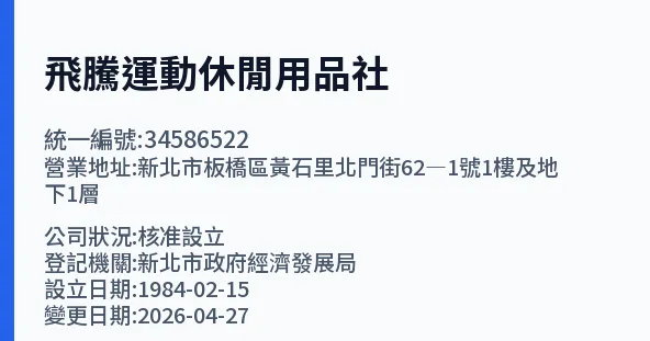 飛騰運動休閒用品社的照片-統編 34586522(新北市) 公司登記資料與營業項目詳細圖表