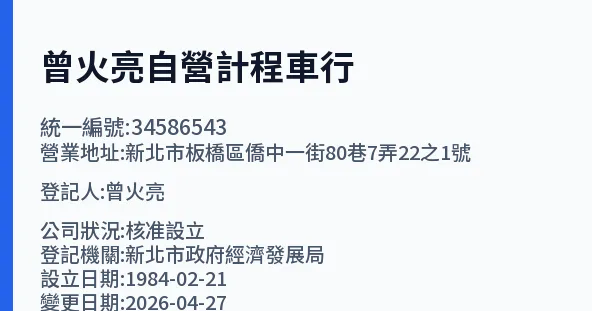 曾火亮自營計程車行的照片-統編 34586543(新北市) 公司登記資料與營業項目詳細圖表