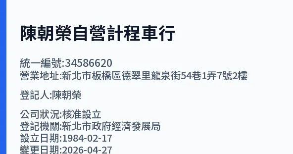 陳朝榮自營計程車行的照片-統編 34586620(新北市) 公司登記資料與營業項目詳細圖表