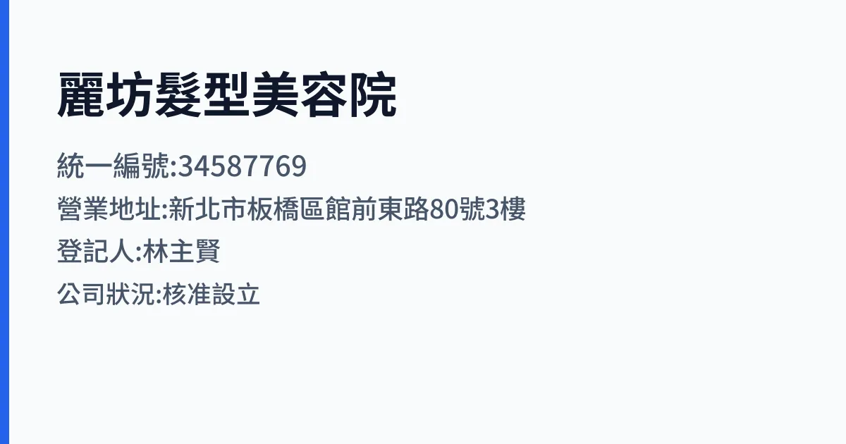 麗坊髮型美容院 - 統編 34587769(新北市) 公司登記資料與營業項目詳細圖表