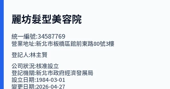 麗坊髮型美容院的照片-統編 34587769(新北市) 公司登記資料與營業項目詳細圖表