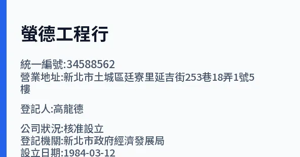 螢德工程行的照片-統編 34588562(新北市) 公司登記資料與營業項目詳細圖表