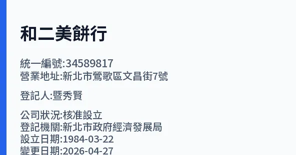 和二美餅行的照片-統編 34589817(新北市) 公司登記資料與營業項目詳細圖表
