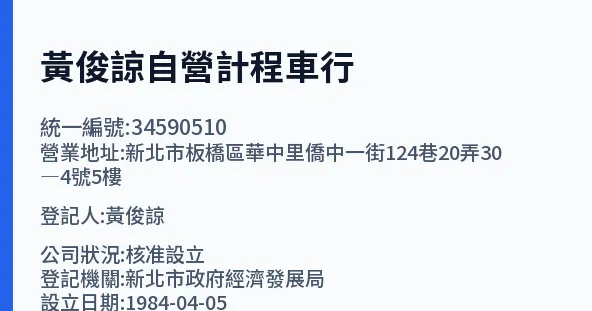 黃俊諒自營計程車行的照片-統編 34590510(新北市) 公司登記資料與營業項目詳細圖表