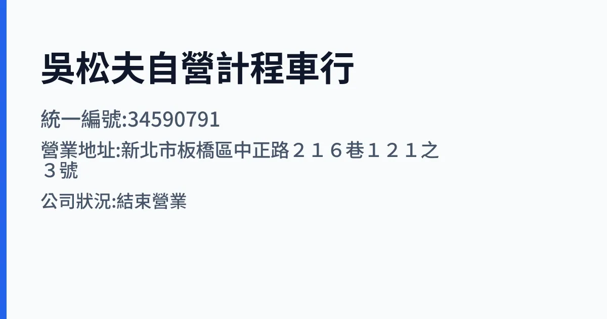 吳松夫自營計程車行 - 統編 34590791(新北市) 公司登記資料與營業項目詳細圖表