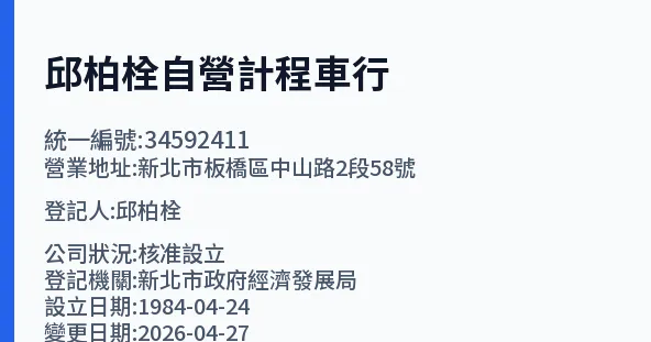 邱柏栓自營計程車行的照片-統編 34592411(新北市) 公司登記資料與營業項目詳細圖表