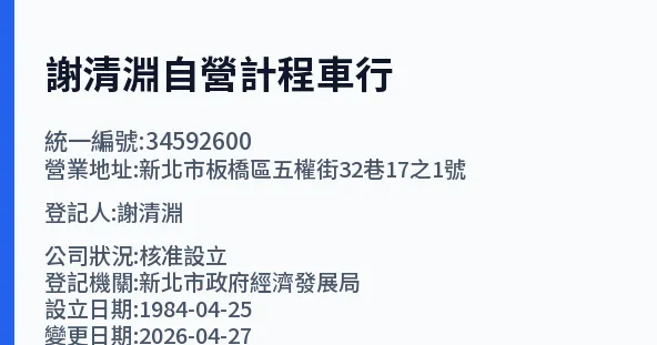 謝清淵自營計程車行的照片-統編 34592600(新北市) 公司登記資料與營業項目詳細圖表