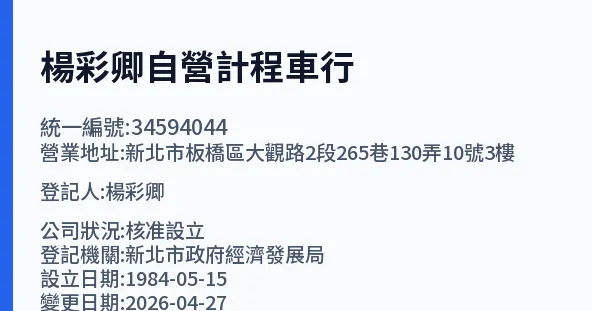 楊彩卿自營計程車行的照片-統編 34594044(新北市) 公司登記資料與營業項目詳細圖表