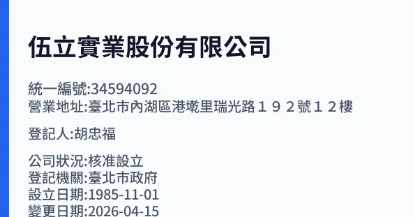 伍立實業股份有限公司的照片-統編 34594092(臺北市) 公司登記資料與營業項目詳細圖表