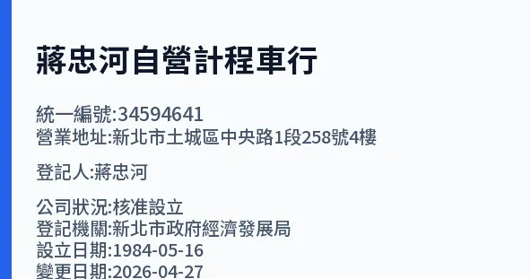 蔣忠河自營計程車行的照片-統編 34594641(新北市) 公司登記資料與營業項目詳細圖表