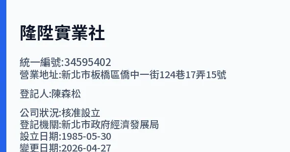 隆陞實業社的照片-統編 34595402(新北市) 公司登記資料與營業項目詳細圖表