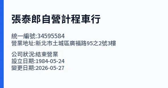 張泰郎自營計程車行的照片-統編 34595584(新北市) 公司登記資料與營業項目詳細圖表