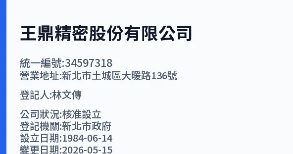 王鼎精密股份有限公司的照片-統編 34597318(新北市) 公司登記資料與營業項目詳細圖表