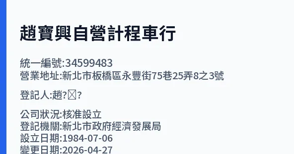 趙寶興自營計程車行的照片-統編 34599483(新北市) 公司登記資料與營業項目詳細圖表