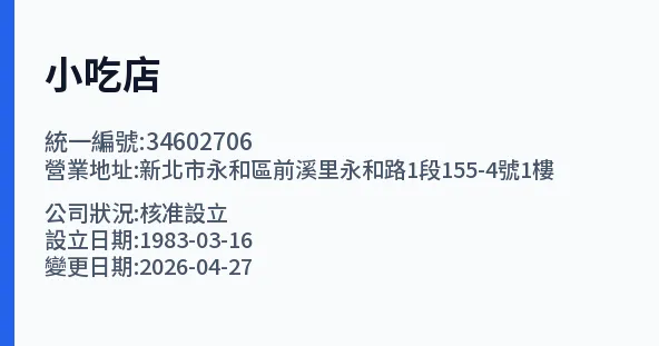 小吃店的照片-統編 34602706(新北市) 公司登記資料與營業項目詳細圖表