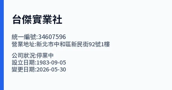 台傑實業社的照片-統編 34607596(新北市) 公司登記資料與營業項目詳細圖表