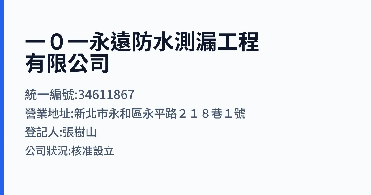 一０一永遠防水測漏工程有限公司 - 統編 34611867(新北市) 公司登記資料與營業項目詳細圖表