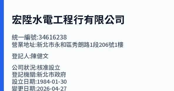 宏陞水電工程行有限公司的照片-統編 34616238(新北市) 公司登記資料與營業項目詳細圖表