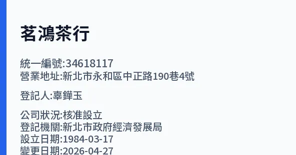 茗鴻茶行的照片-統編 34618117(新北市) 公司登記資料與營業項目詳細圖表