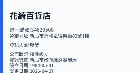 花綺百貨店的照片-統編 34620508(新北市) 公司登記資料與營業項目詳細圖表
