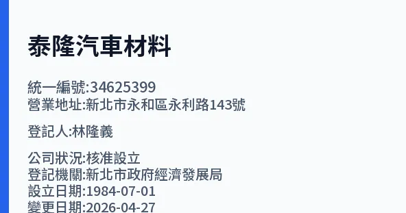 泰隆汽車材料的照片-統編 34625399(新北市) 公司登記資料與營業項目詳細圖表