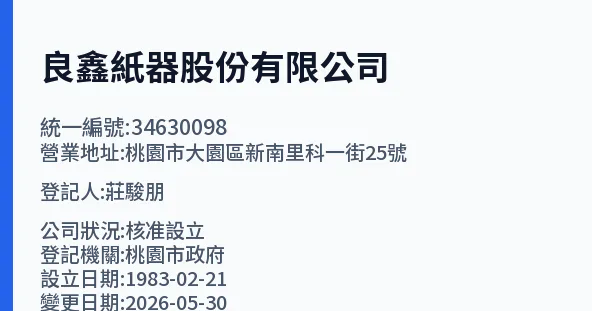 良鑫紙器股份有限公司的照片-統編 34630098(桃園市) 公司登記資料與營業項目詳細圖表