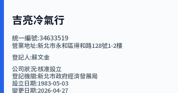 吉亮冷氣行的照片-統編 34633519(新北市) 公司登記資料與營業項目詳細圖表