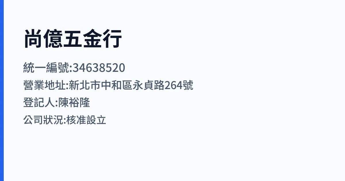 尚億五金行 - 統編 34638520(新北市) 公司登記資料與營業項目詳細圖表
