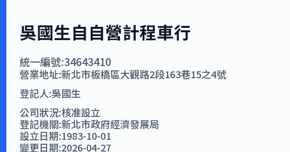 吳國生自自營計程車行的照片-統編 34643410(新北市) 公司登記資料與營業項目詳細圖表