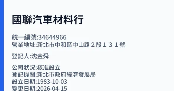 國聯汽車材料行的照片-統編 34644966(新北市) 公司登記資料與營業項目詳細圖表