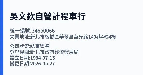吳文欽自營計程車行的照片-統編 34650066(新北市) 公司登記資料與營業項目詳細圖表
