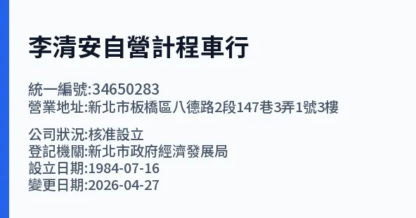 李清安自營計程車行的照片-統編 34650283(新北市) 公司登記資料與營業項目詳細圖表