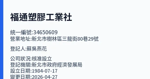福通塑膠工業社的照片-統編 34650609(新北市) 公司登記資料與營業項目詳細圖表