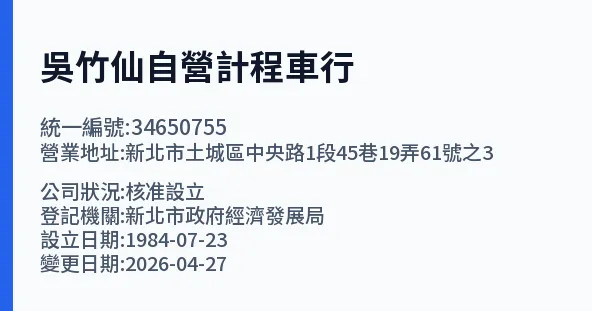 吳竹仙自營計程車行的照片-統編 34650755(新北市) 公司登記資料與營業項目詳細圖表
