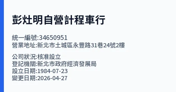 彭灶明自營計程車行的照片-統編 34650951(新北市) 公司登記資料與營業項目詳細圖表