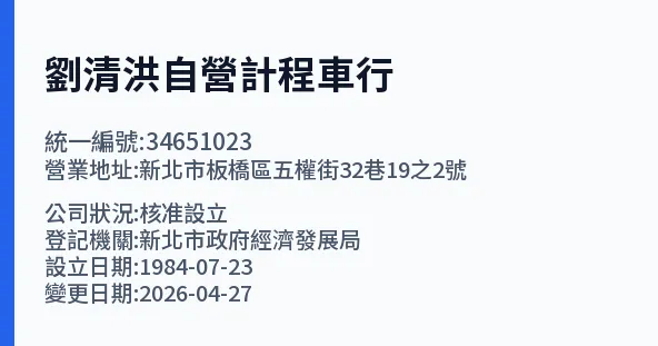 劉清洪自營計程車行的照片-統編 34651023(新北市) 公司登記資料與營業項目詳細圖表